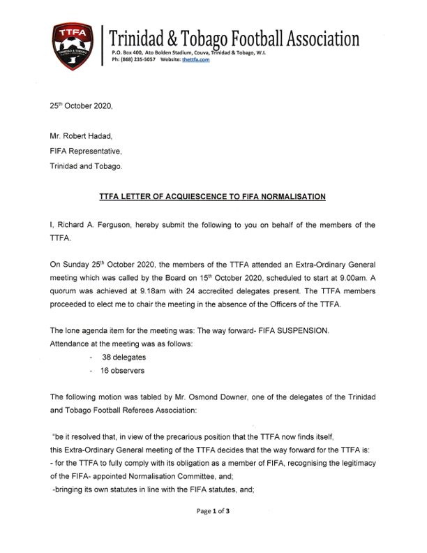 TTFA Membership letter to Robert Hadad - Trinidad Guardian