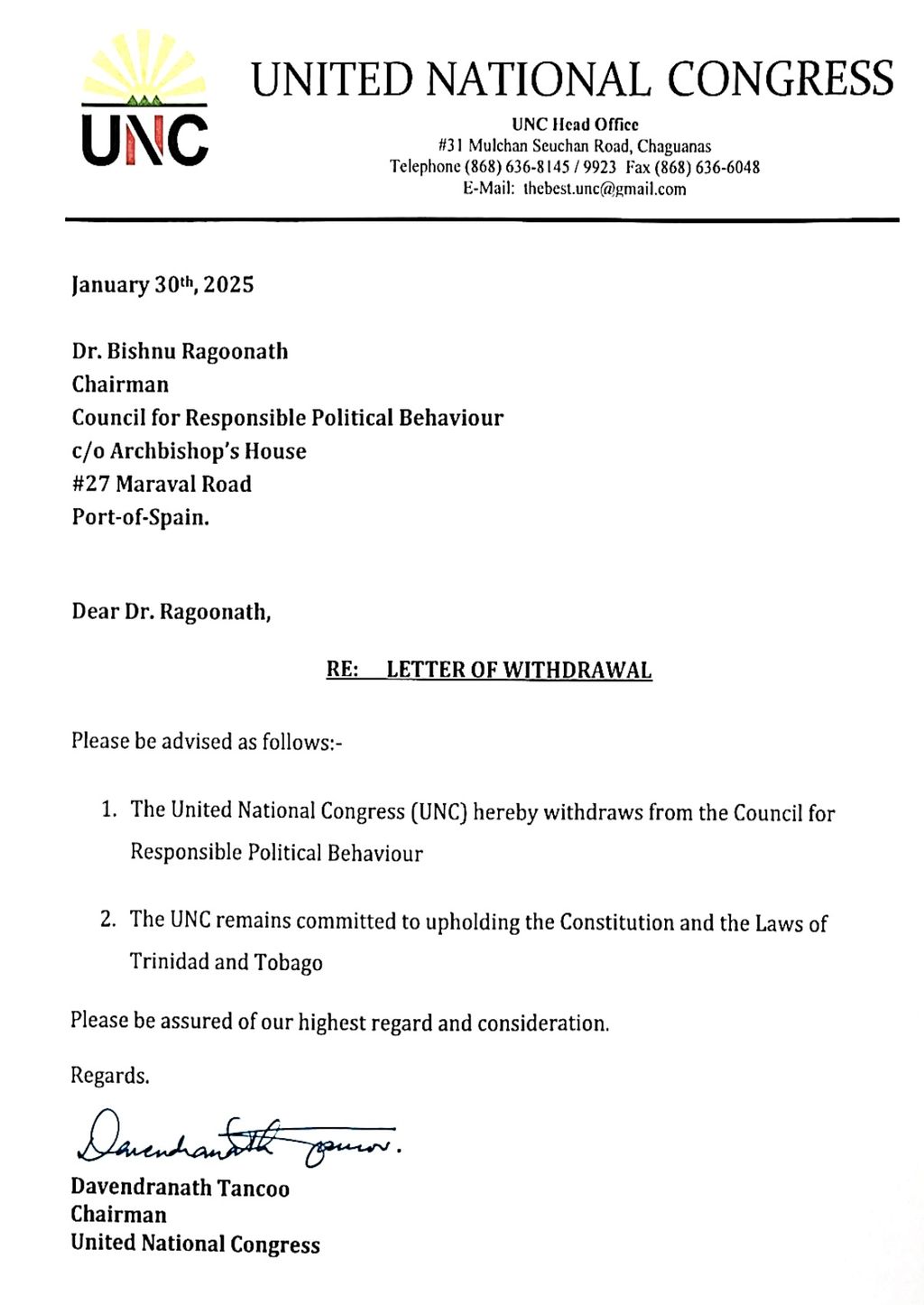 UNC withdraws from Council for Responsible Political Behaviour ...